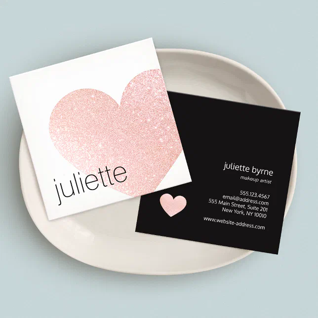 Cute Light Pink Glitter Heart Beauty Salon Square Business Card | Zazzle