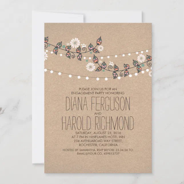 Cute Light Strings Floral Rustic Engagement Party Invitation | Zazzle