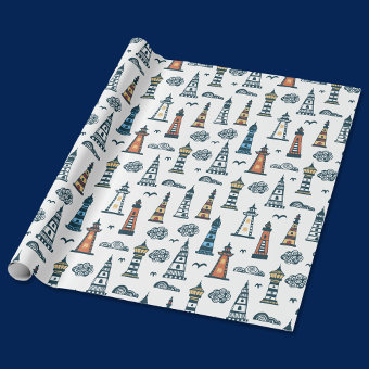 Cute Lighthouse Pattern | White Wrapping Paper | Zazzle
