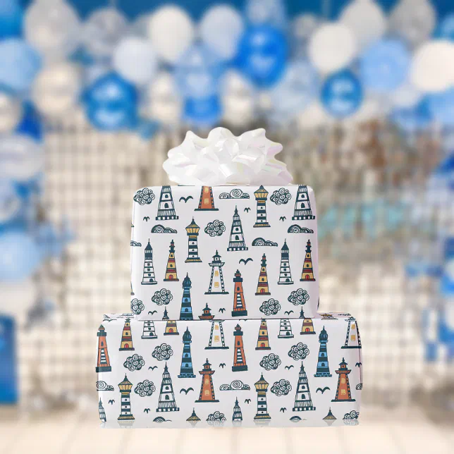Cute Lighthouse Pattern | White Wrapping Paper | Zazzle