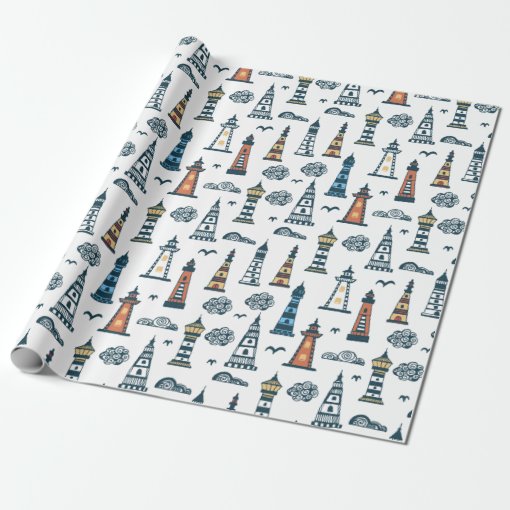 Cute Lighthouse Pattern | White Wrapping Paper | Zazzle