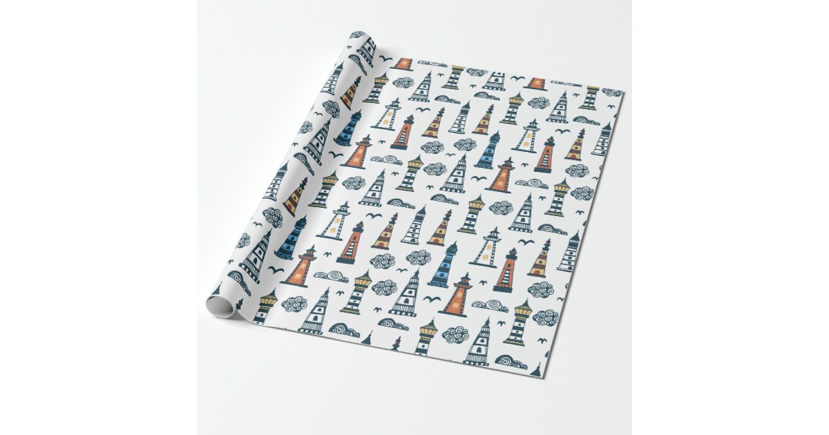 Cute Lighthouse Pattern | White Wrapping Paper | Zazzle
