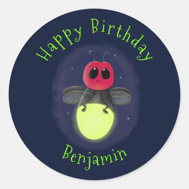 Cute lightning bug firefly cartoon illustration classic round sticker ...