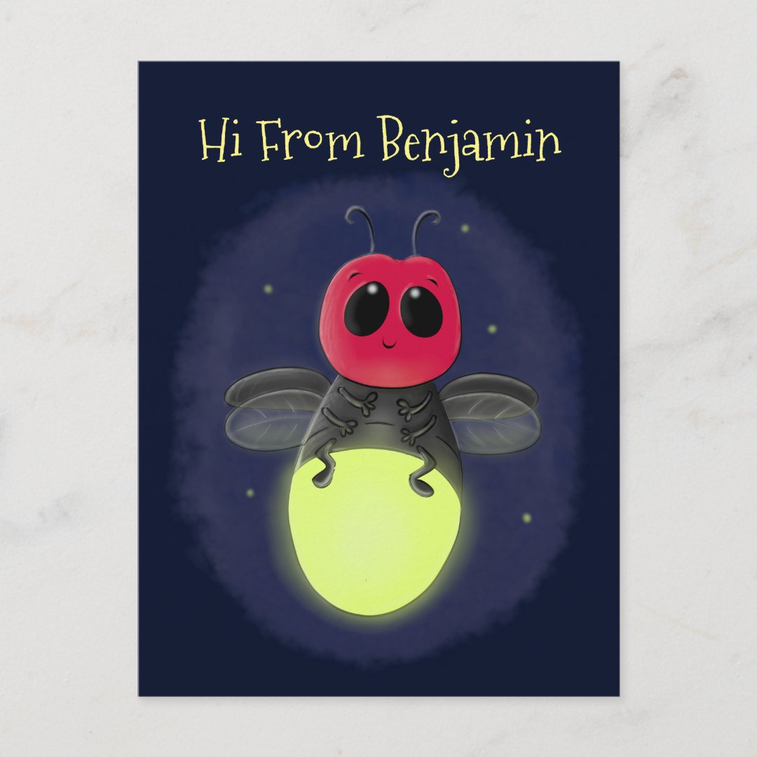 Cute lightning bug firefly cartoon illustration postcard | Zazzle