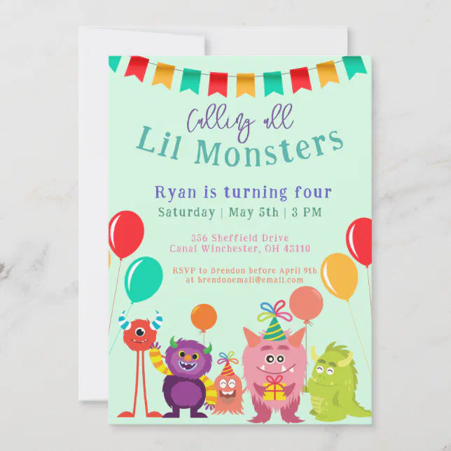 Cute lil Monster Cartoon Tal Birthday Party Invitation | Zazzle