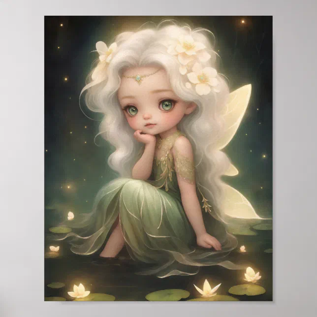 Cute Lilypad Fairy with Flowers, Whimsical Art Poster | Zazzle