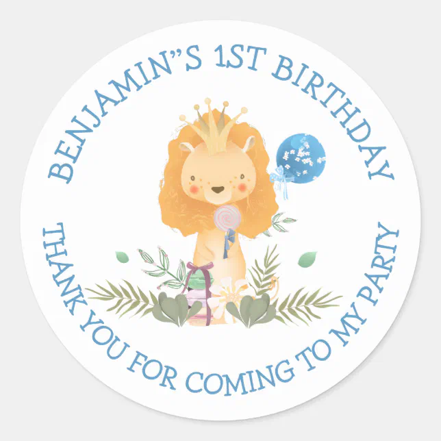 Cute Lion Name Thank you Boy 1st Birthday Classic Round Sticker | Zazzle