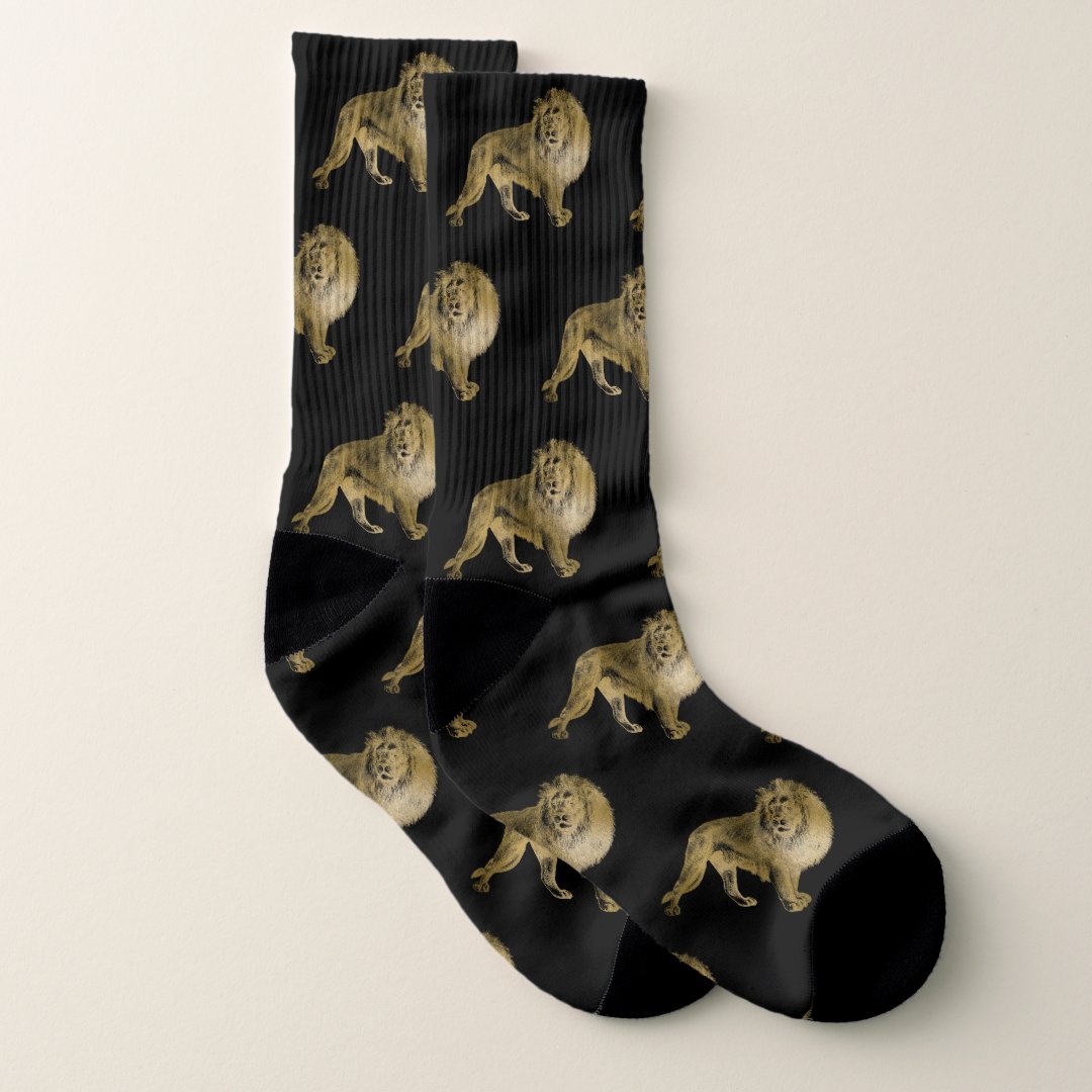Cute Lion Print Black and Gold Socks | Zazzle