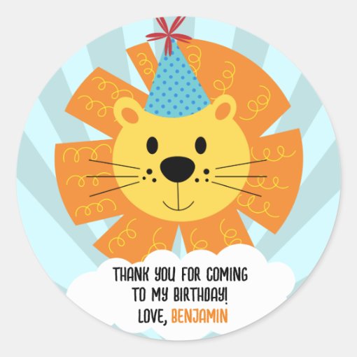 Cute Lion with Birthday Party Hat Thank You Classic Round Sticker | Zazzle