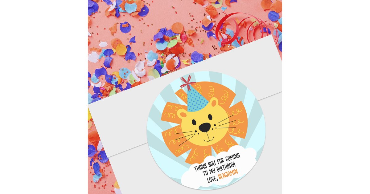 Cute Lion with Birthday Party Hat Thank You Classic Round Sticker | Zazzle