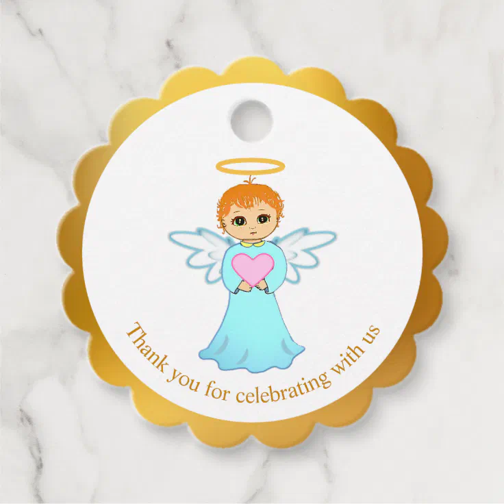 Cute little angel thank you on golden & white favor tags | Zazzle
