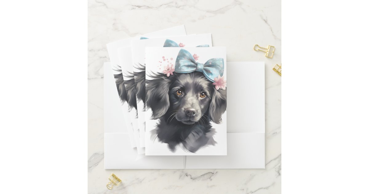 CUTE LITTLE BLACK DOG WITH BLUE BOW POCKET FOLDER | Zazzle