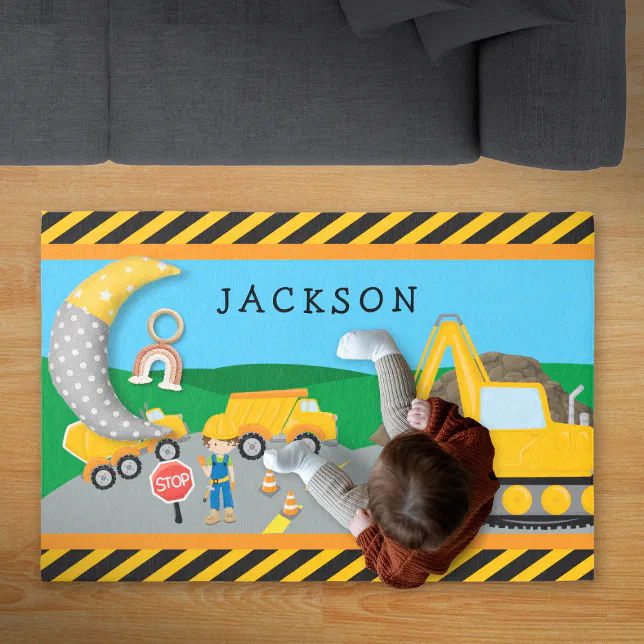 Cute Little Boy Construction Vehicle Monogrammed Rug | Zazzle