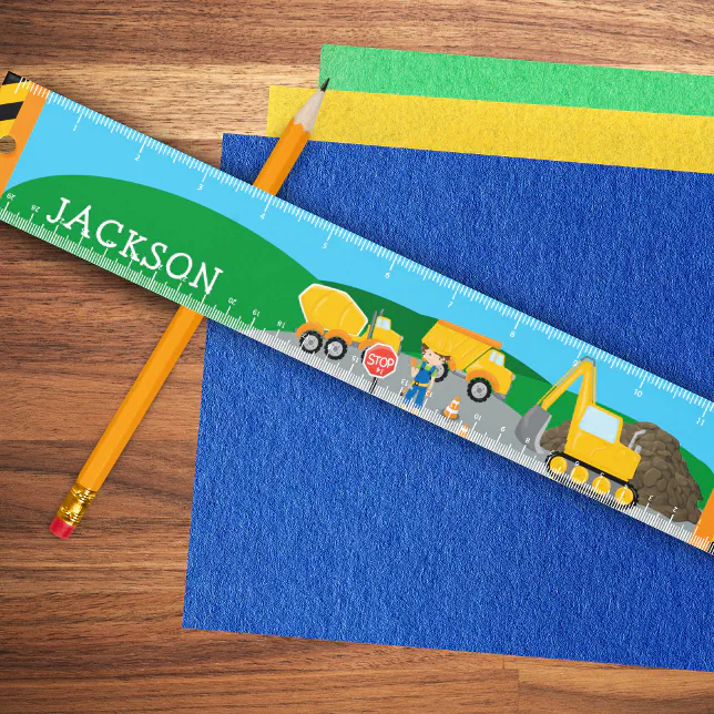 Cute Little Boy Construction Vehicle Monogrammed Ruler | Zazzle