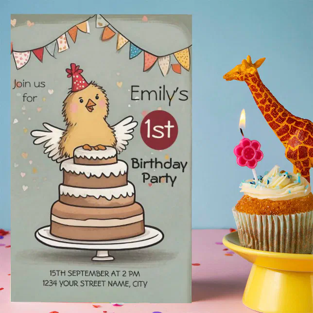 Cute Little Chicken on Cake 1st Birthday Invitation | Zazzle