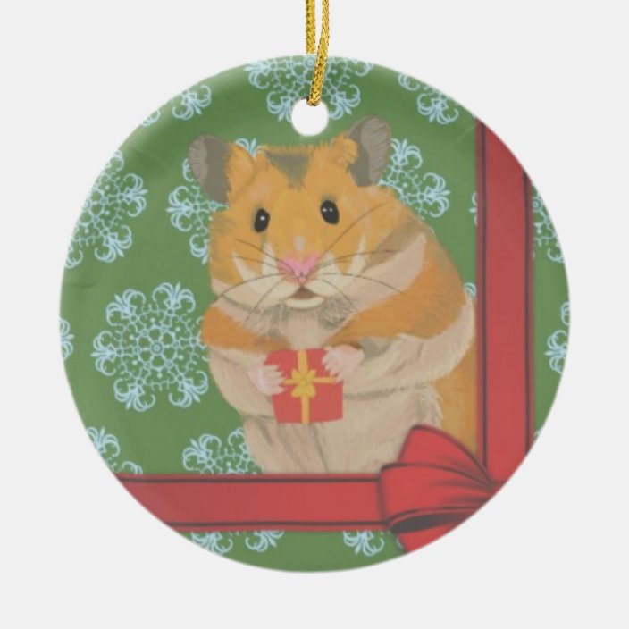 Cute little Christmas Hamster holding a present Ceramic Ornament ...