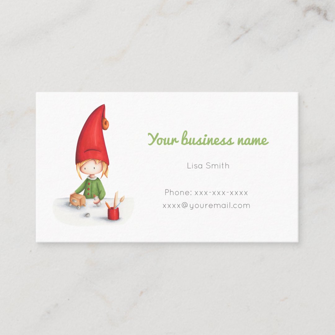 Cute little elf working making toys Business Card | Zazzle