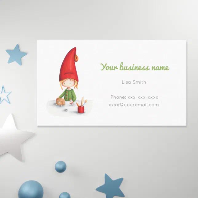 Cute little elf working making toys Business Card | Zazzle