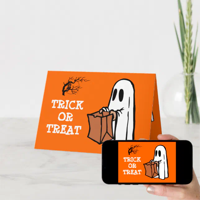 Cute Little Ghost Trick or Treat Kids Halloween Card | Zazzle