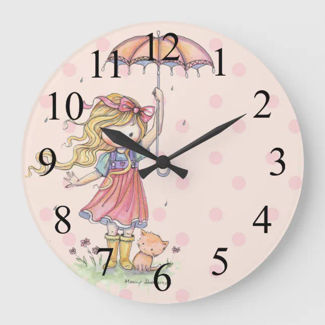 Cute Little Girl and Ktty Pink Polkadot Clock | Zazzle
