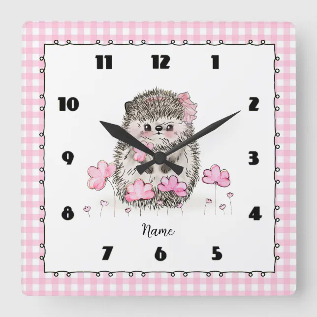 Cute Little Hedgehog Custom Pink Square Wall Clock | Zazzle