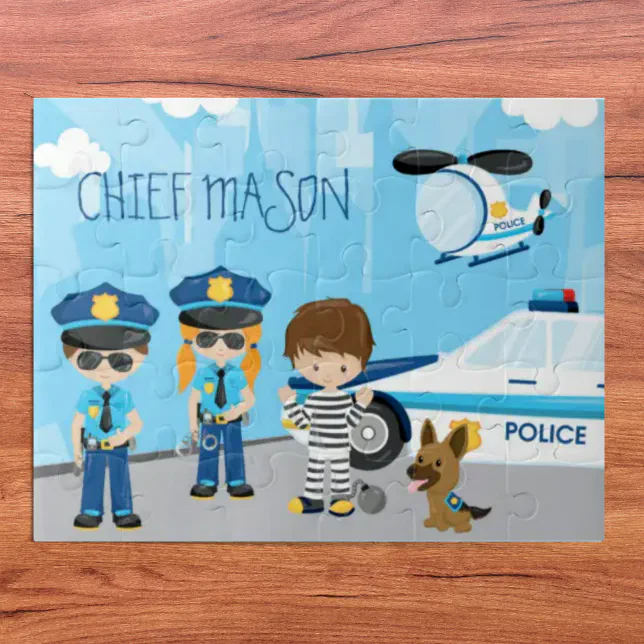 Cute Little Kid Cartoon Policeman with First Name Jigsaw Puzzle | Zazzle