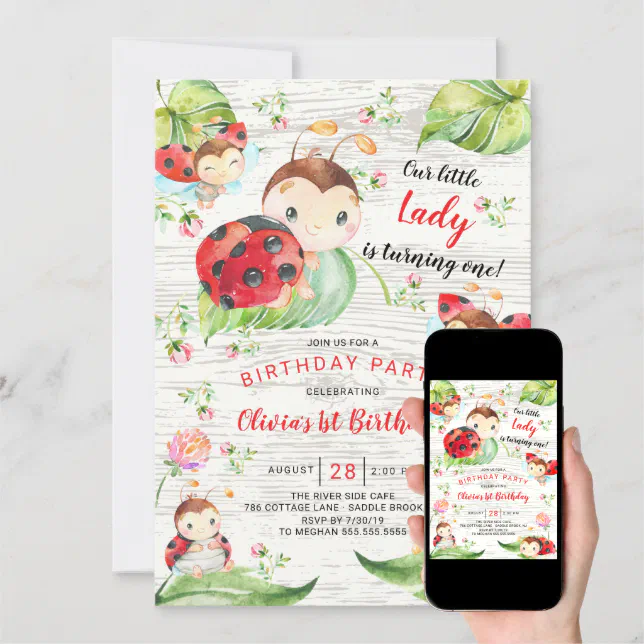 Cute Little Lady Ladybug 1st Birthday Invitation | Zazzle