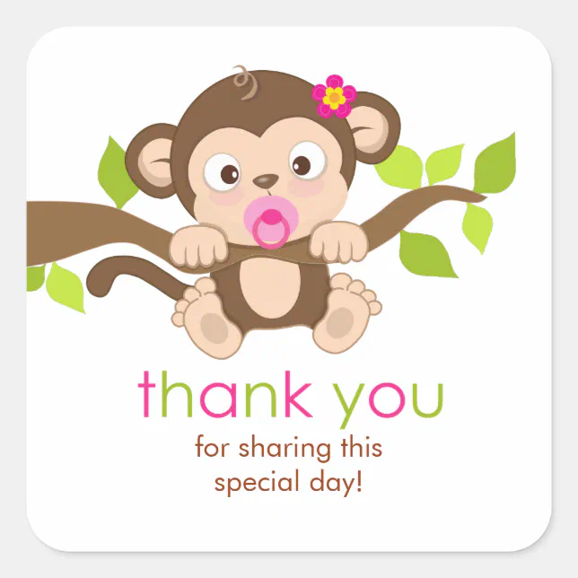 Cute Little Monkey Girl Thank You Sticker | Zazzle