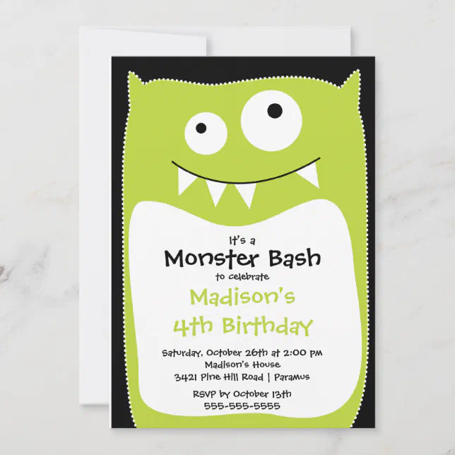 CUTE Little Monster Bash Birthday Party Lime Invitation | Zazzle