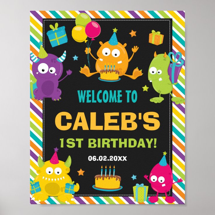 Cute Little Monsters 1st Birthday Party Welcome Poster | Zazzle