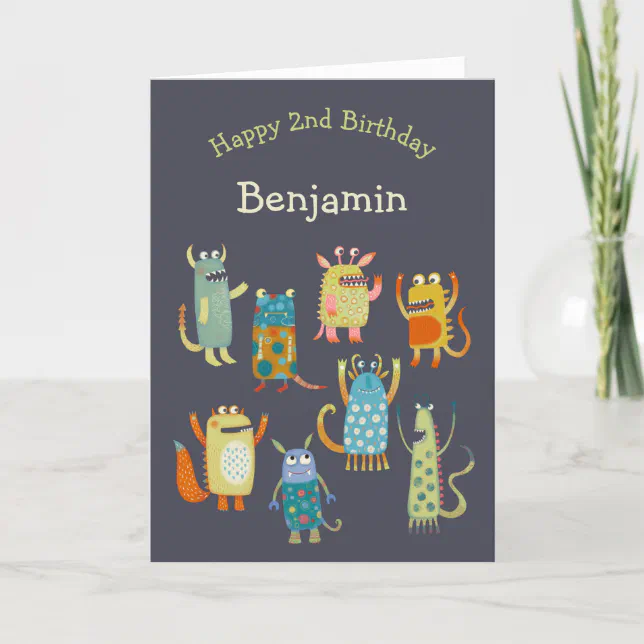 Cute Little Monsters Custom Name Age Birthday Card | Zazzle
