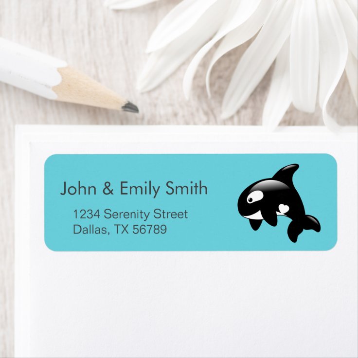 Cute Little Orca Whale on Aqua Label | Zazzle