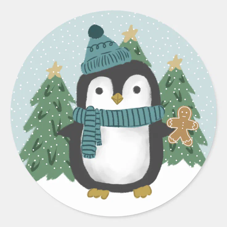 Cute Little Penguin and Gingerbread Man Christmas Classic Round Sticker ...