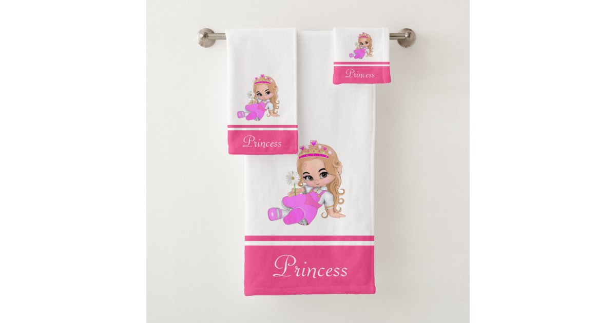 Cute Little Princess & Name Text on Pink & White Bath Towel Set | Zazzle