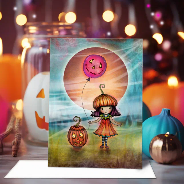 Cute Little Pumpkin Girl Halloween Art Card | Zazzle