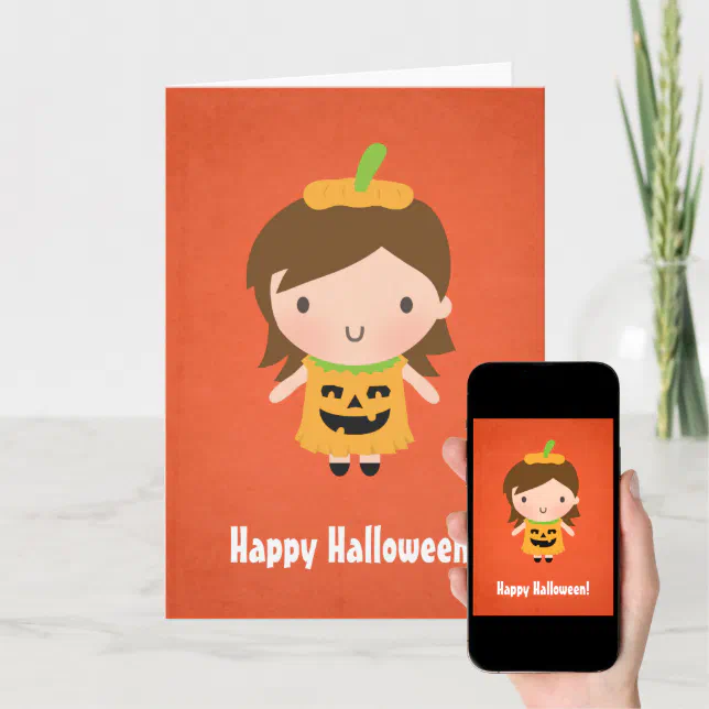 Cute Little Pumpkin Girl Kids Halloween Card | Zazzle