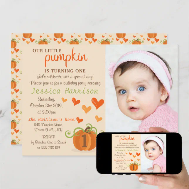 Cute Little Pumpkin Photo 1st Birthday Invitations | Zazzle