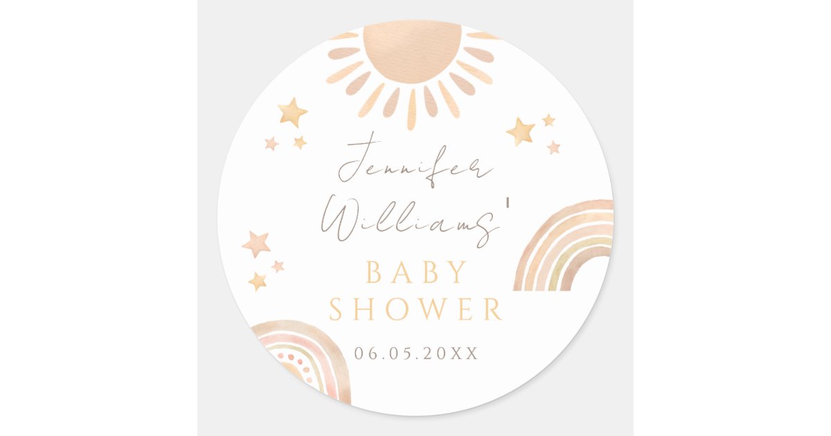 Cute little sunshine Sun Rainbow baby shower Classic Round Sticker | Zazzle