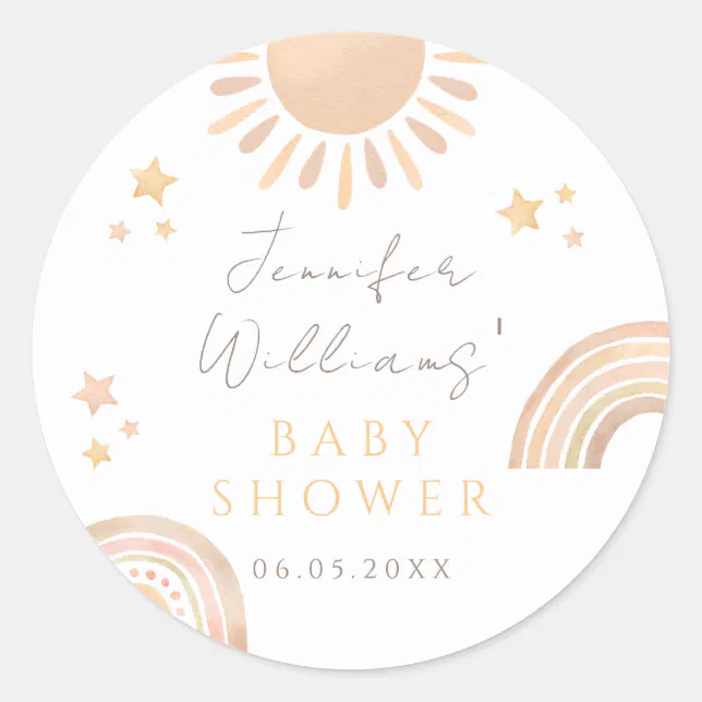 Cute little sunshine Sun Rainbow baby shower Classic Round Sticker | Zazzle