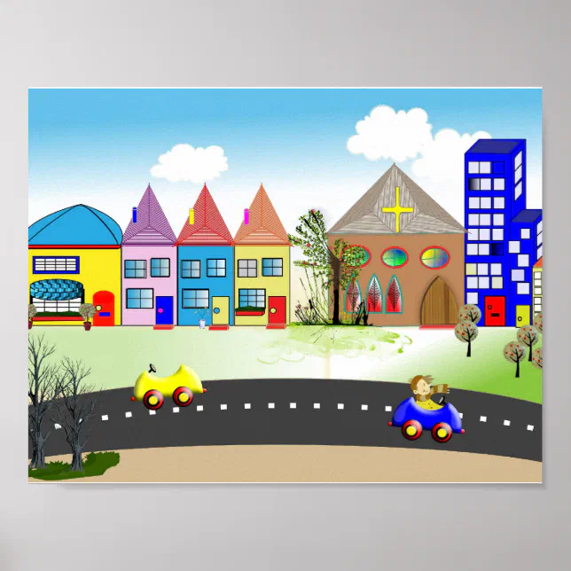 Cute Little Town Colorful Nursery Poster Print | Zazzle