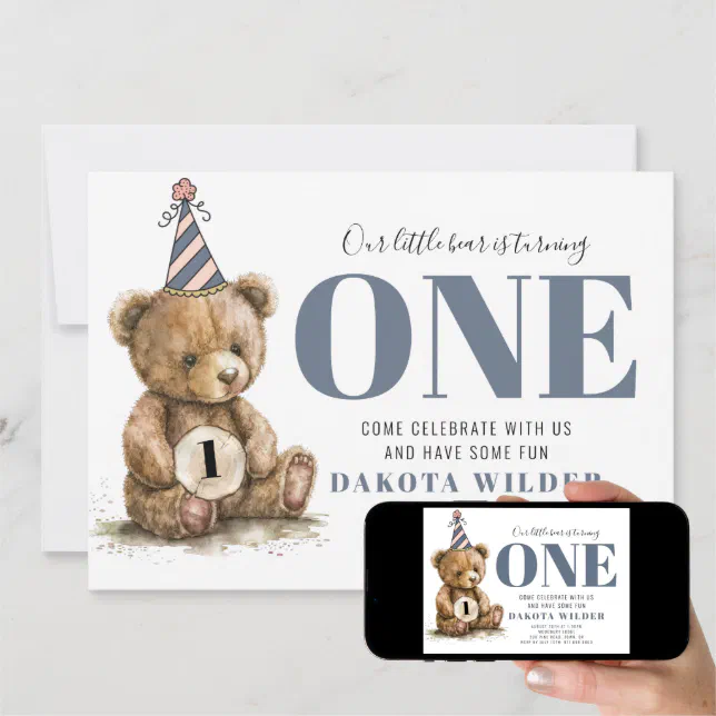 Cute Little Watercolor Bear Turning One Birthday Invitation | Zazzle