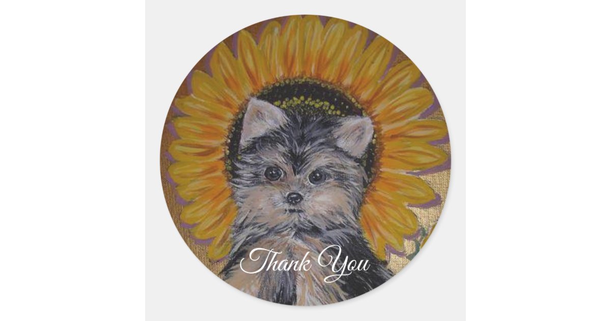 Cute Little Yorkie and Sunflower Thank You Classic Round Sticker | Zazzle