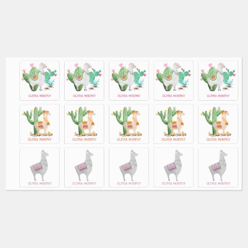 Cute Llama and Cactus Girls Name Waterproof Kids' Labels | Zazzle