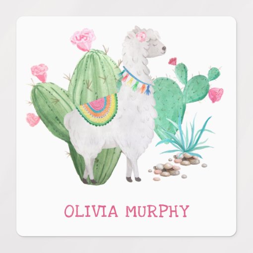 Cute Llama and Cactus Girls Name Waterproof Kids' Labels | Zazzle
