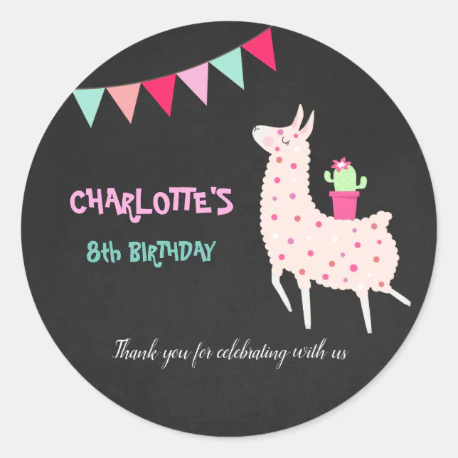 cute llama birthday chalkboard fiesta alpaca classic round sticker | Zazzle