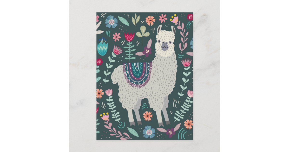Cute Llama Floral Design Postcard | Zazzle