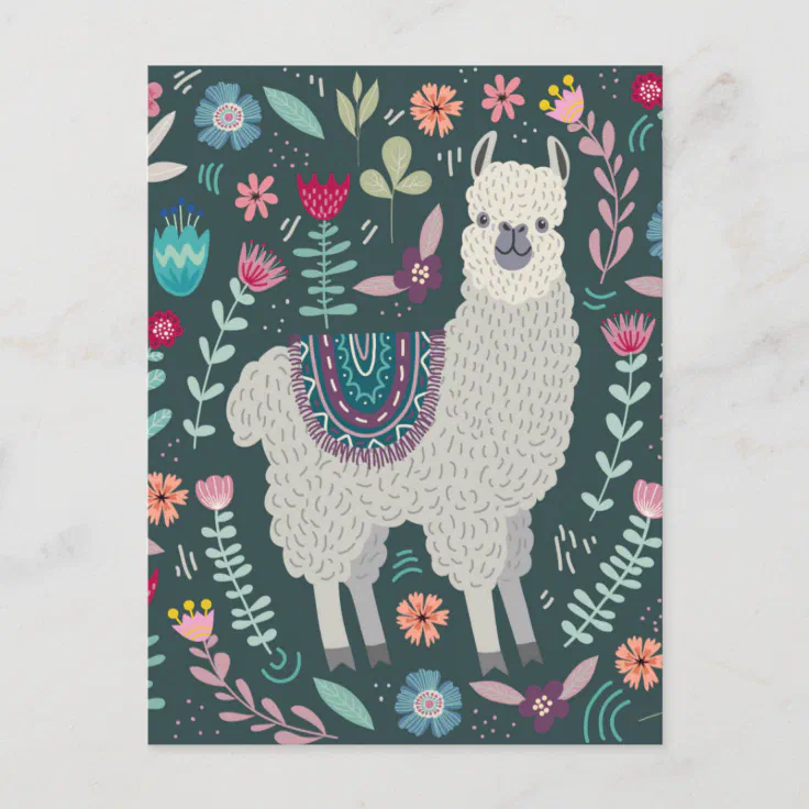 Cute Llama Floral Design Postcard | Zazzle