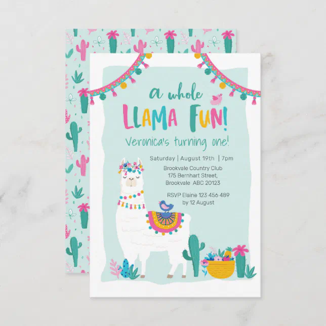 Cute Llama fun cactus Birthday Invitation | Zazzle