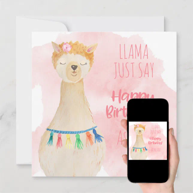 Cute Llama Girly Pink Personalized Birthday Card | Zazzle