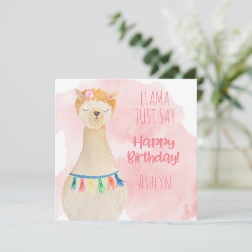 Cute Llama Girly Pink Personalized Birthday Card | Zazzle
